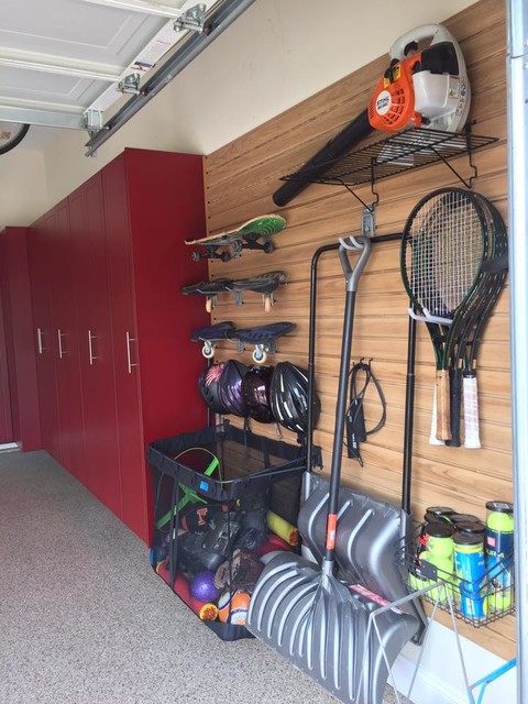Garage Makeover- New Burgundy cabinets with the maple counter ...