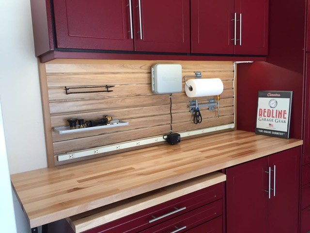 Garage Makeover- New Burgundy cabinets with the maple counter ...
