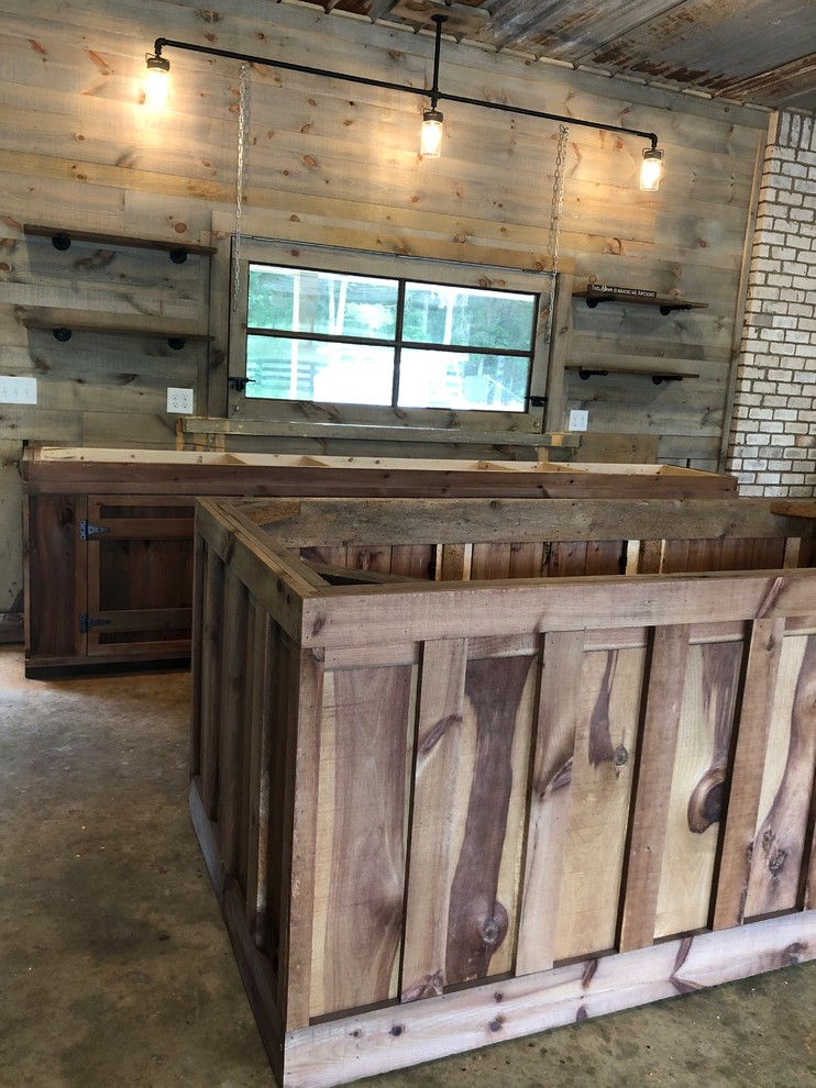 Man Cave Garage Remodel- weathered wood stain, open shelving, rustic ...
