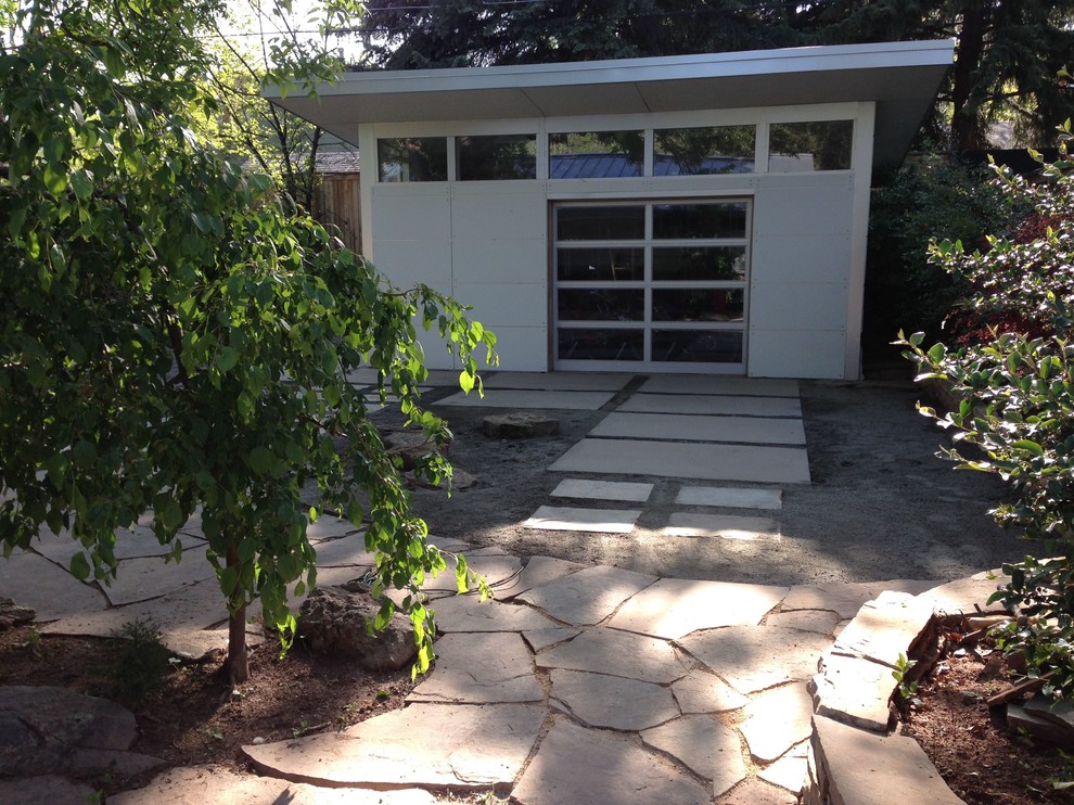 Poured concrete pavers to Studio Shed garage - Modern - Garage - Denver ...