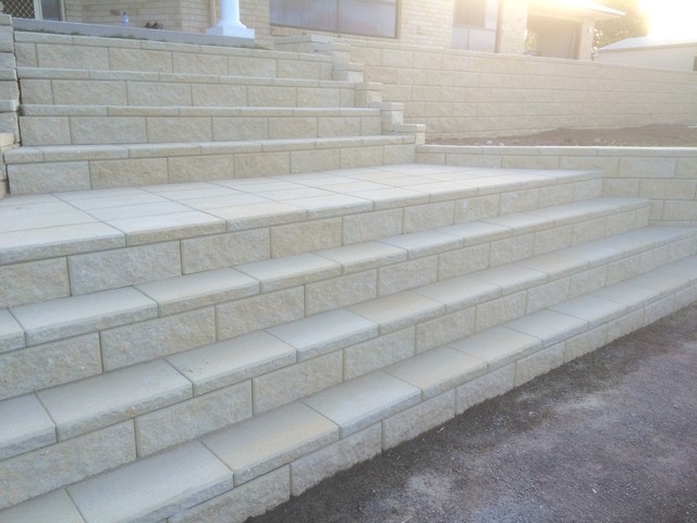 Modern stone retaining wall and large steps - Country - Garden ...