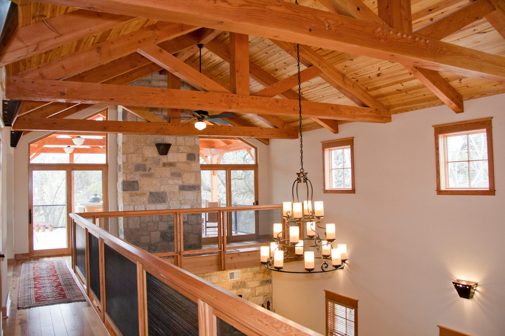Timber Trusses in 2 Story Great Room - Traditional - Hallway & Landing ...