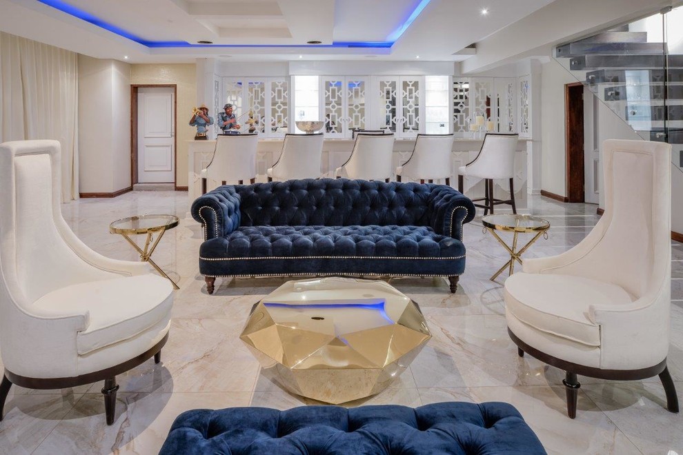 Entertainment area,mirror cocktail bar,navy velvet sofa,off-white ...