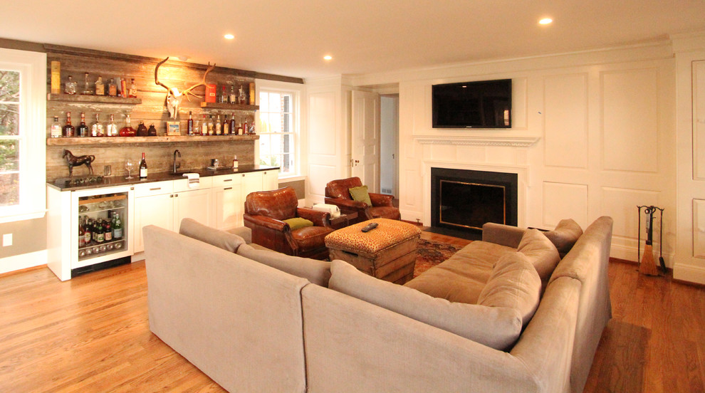 Family Room Bar with Barn Wood Paneled Backsplash and Floating Shelves ...