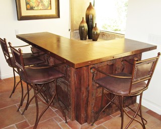 Hammered Copper Countertop on Carved Mahogany Rustic Bar - Southwestern ...