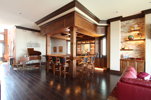 Paneled Soffit Over Home Bar with Wood Ceiling - Traditional - Home Bar ...