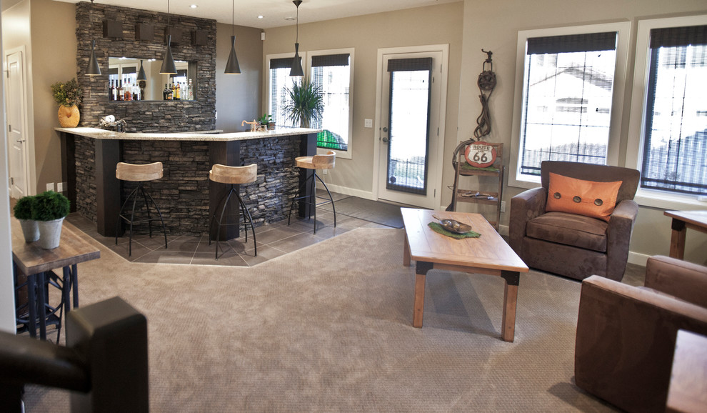 Stone basement wetbar and dark wood cabinetry - Transitional - Home Bar ...