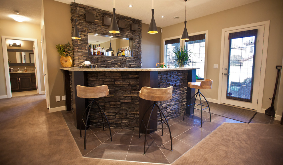 Stone basement wetbar and dark wood cabinetry - Transitional - Home Bar ...