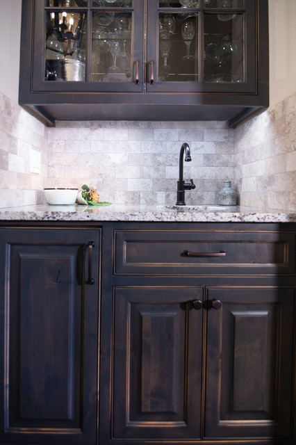 Wet bar with inset cabinetry - custom stain finish - Transitional ...