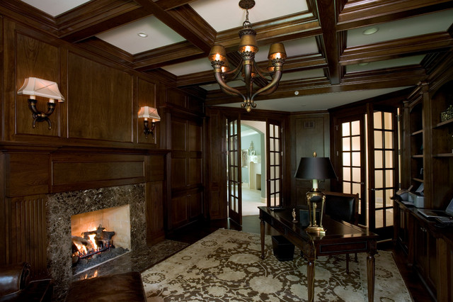 Cherry Paneled Library with Coffered Ceiling - Traditional - Home ...