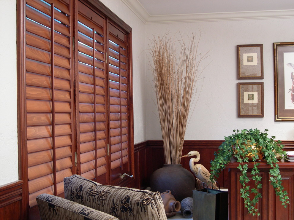Home Office with Stained Plantation Shutters - Modern - Home Office ...
