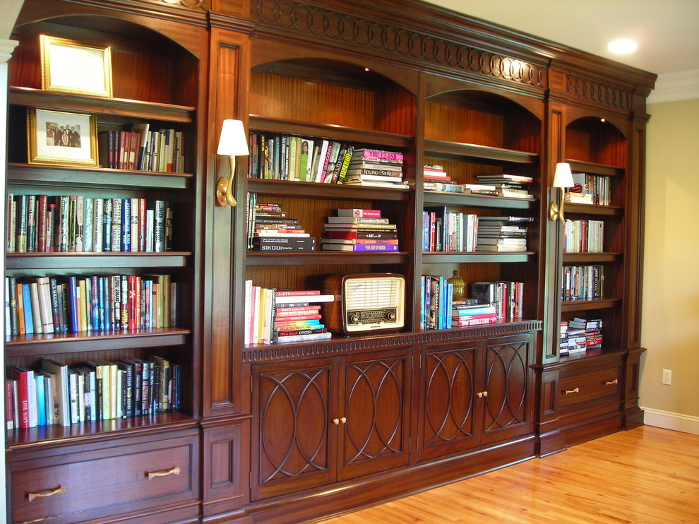 Mahogany library cabinetry with carved mouldings - Traditional - Home ...