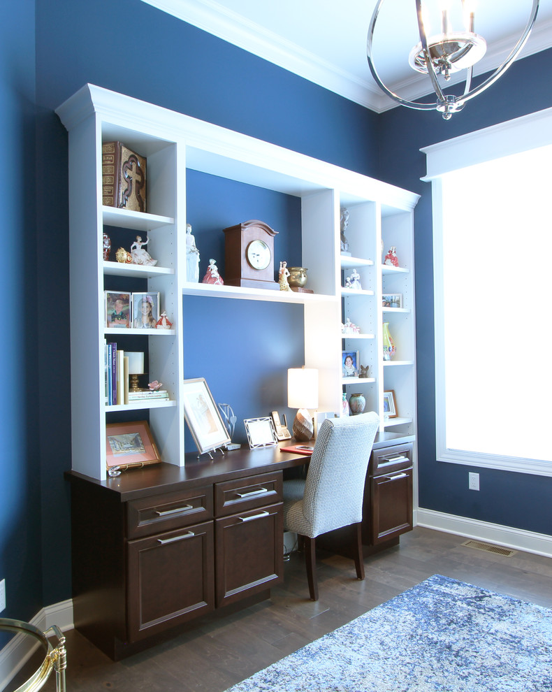 Navy Blue Home Office with White and Stained Built In Cabinets ...