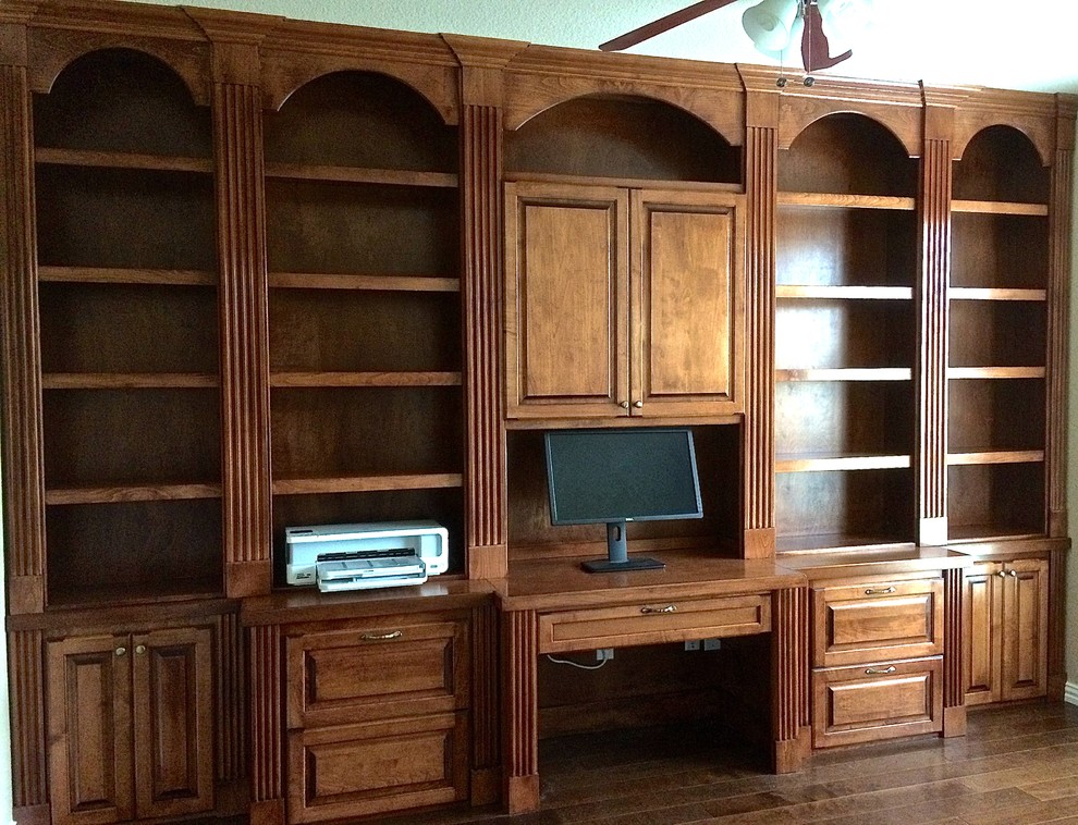 Stained maple bookcase on credenza with fluted pilasters and desk ...