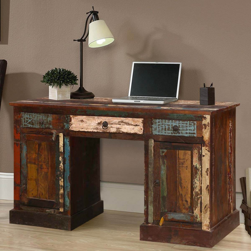Venus Reclaimed Wood Office Desk with Drawers & Doors - Home Office ...