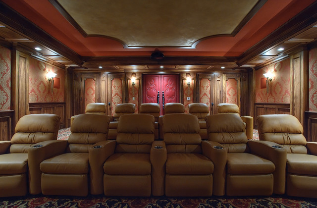 Home Theater, Upholstered Fabric Walls & Doors - Traditional - Home ...