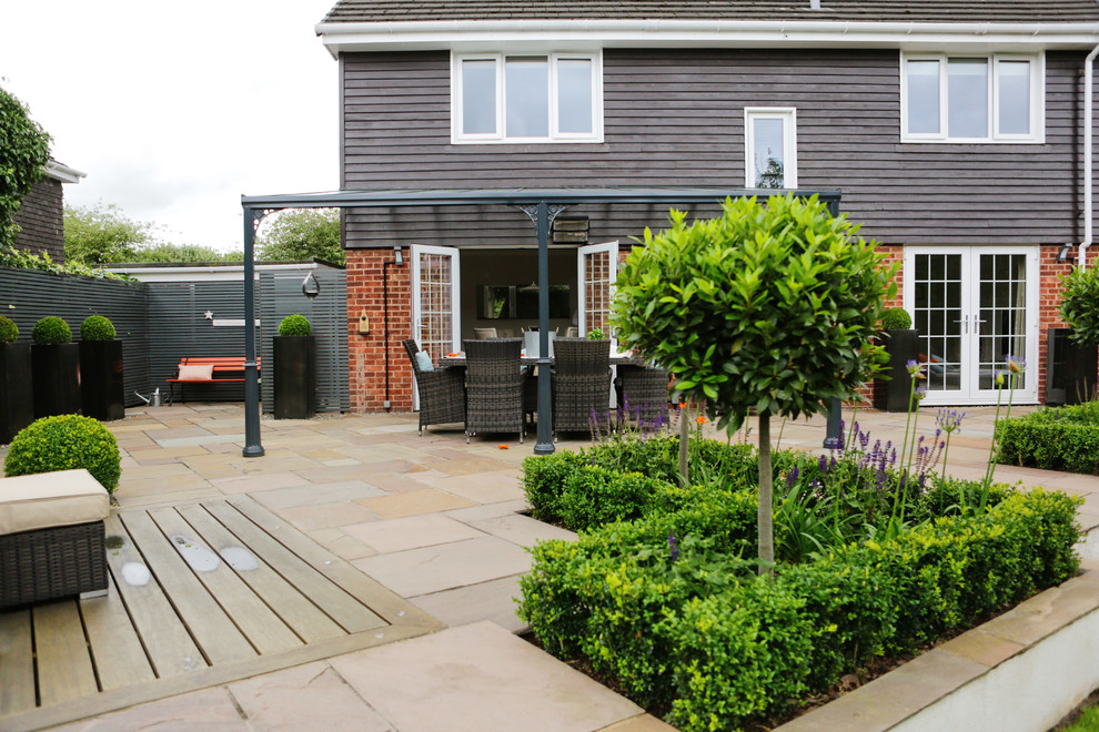 Patio with Hardwood deck, verandah and sofa - Midcentury - House ...