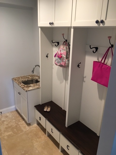 Drop zone-storage in cabinets above and pull out drawers below bench ...