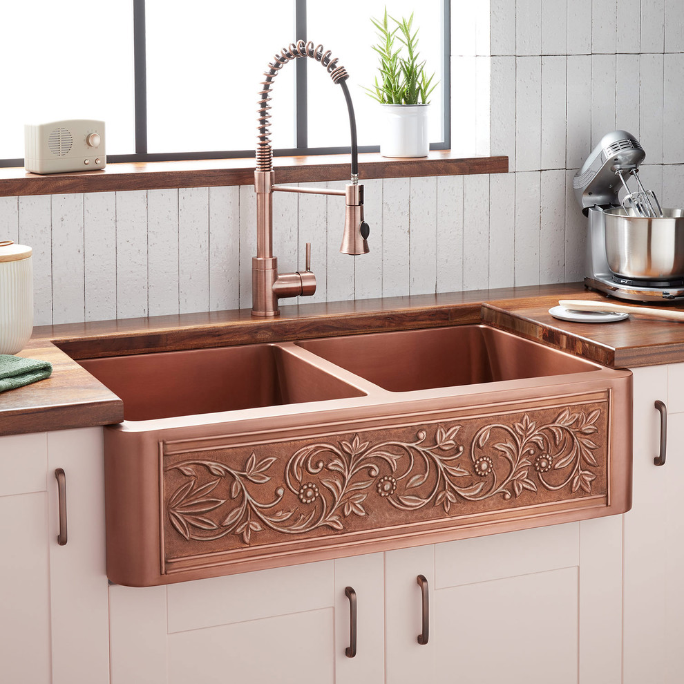 36 Vine Design Double Bowl Copper Farmhouse Sink Classico Cucina