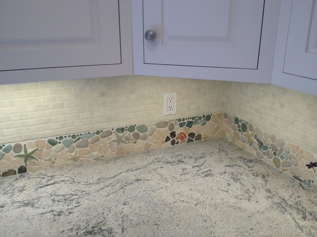 Backsplash Border with White Cabinets in Cape Cod - Eclectic - Kitchen ...