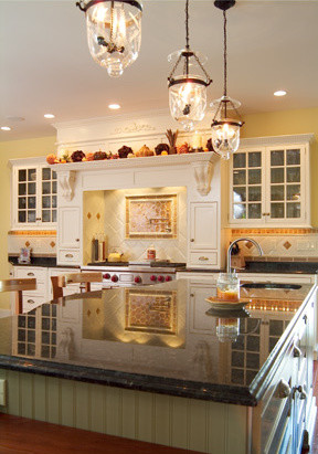 Traditional White Kitchen with Bee Tile - Traditional - Kitchen ...