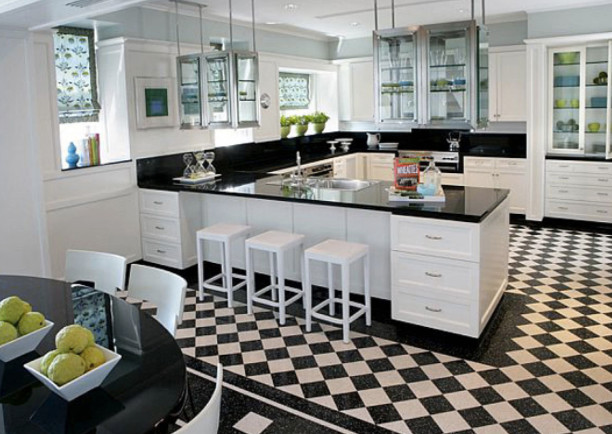 Black and White Kitchen with Tile Pattern Floors - Modern - Kitchen ...