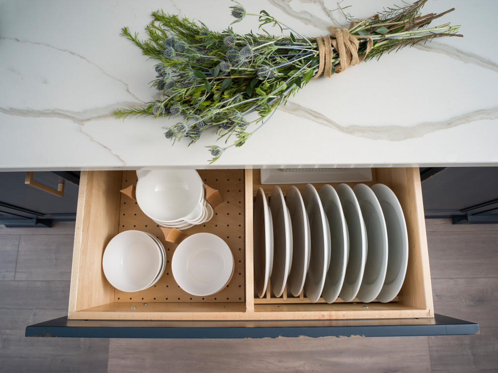 Blue & White Kitchen Island with an Organized Dish Rack Drawer for ...