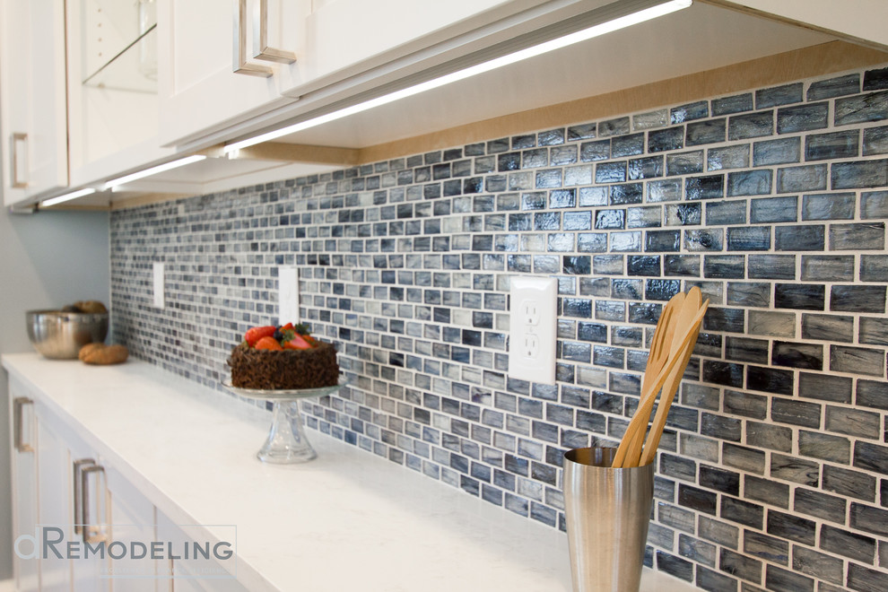 Blue Mosaic Tile Backsplash with White LED Cabinet Underlighting ...