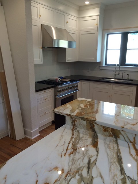Brown Quartz Kitchen Tops & Calacatta Gold Marble Island ...