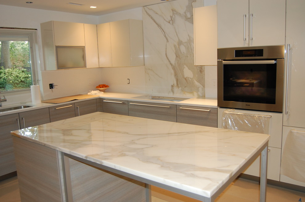 calacatta gold island and full height back splash - Contemporary ...