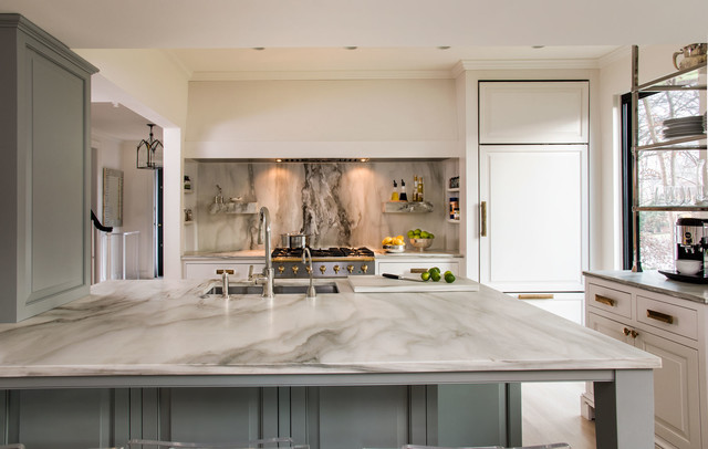 Calacatta Gold Marble Kitchen Countertops and Full Height Backsplashes ...