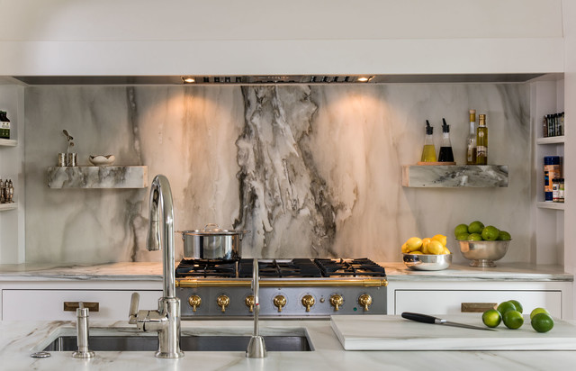 Calacatta Gold Marble Kitchen Countertops and Full Height Backsplashes ...