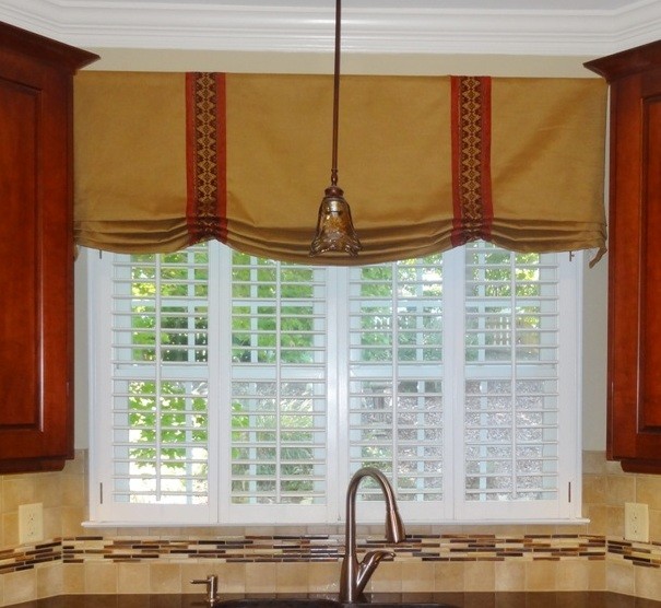 Camel linen valance with red trim - Transitional - Kitchen - Raleigh ...