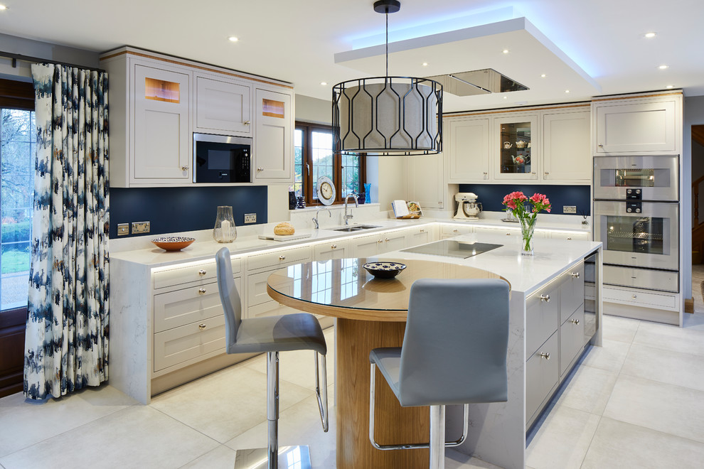 Classic white kitchen with circular oak breakfast bar - Modern ...