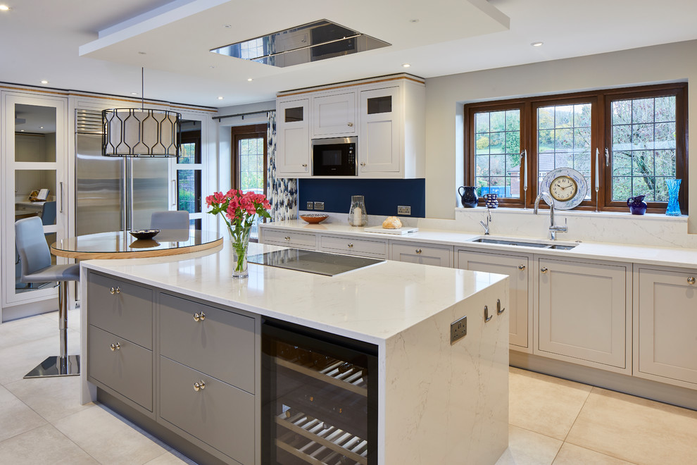 Classic white kitchen with circular oak breakfast bar - Modern ...