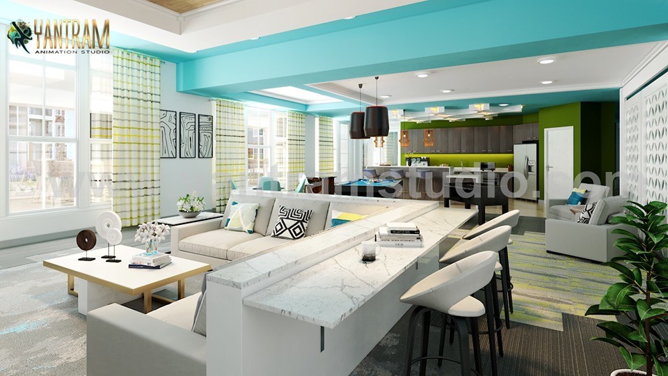Clubhouse sitting area with kitchen interior Rendering Ideas - Modern ...