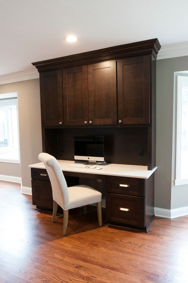 Contemporary Kitchen Desk with Dark Cabinets and Quartz Countertop ...