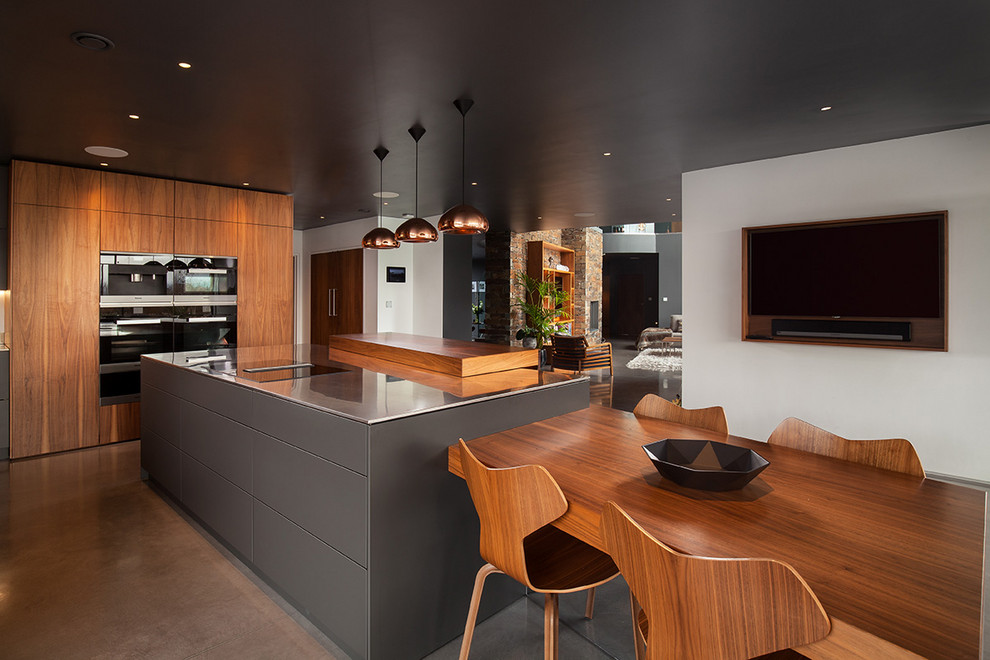 Contemporary kitchen diner: walnut, stainless steel, copper ...