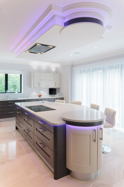 Contemporary kitchen with mixed oak frames and colour-changing LEDs ...