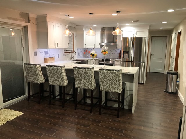Contemporary Latte (White) Kitchen Remodel with waterfall counter top ...