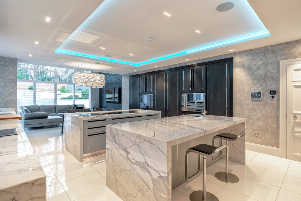 Contemporary White & Grey Marble Kitchen - Contemporary - Kitchen ...