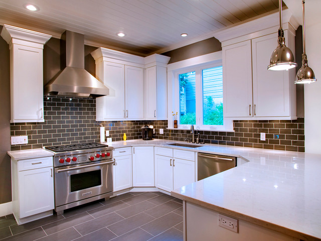 Contemporary White with Grey Subway Tile - Contemporary - Kitchen ...