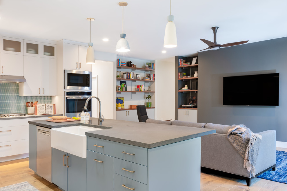 Cool Blue Open Plan Kitchen & Family Room - Contemporary - Kitchen ...