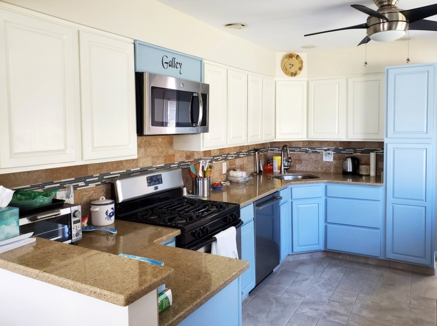 Cream and blue painted kitchen cabinets in Brigantine, NJ ...
