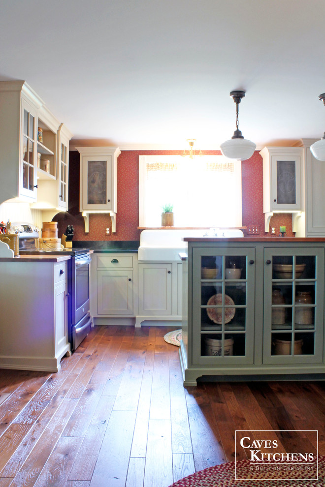 Cream Farmhouse Kitchen with Green Island & Paneled Dishwasher ...