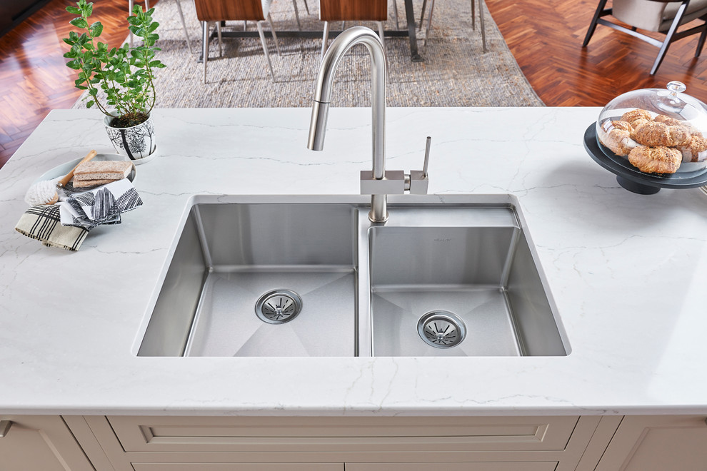 Crosstown Stainless Steel Offset Double Bowl Undermount Sink with Water ...