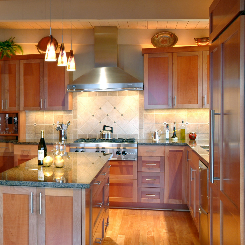 Custom-built Madrona wood, shaker style cabinets and built-in fridge ...