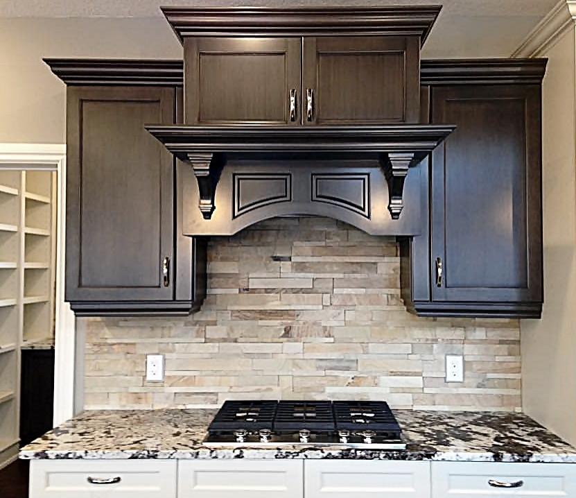 Custom hood fan with ledger stone backsplash - Kitchen - Edmonton ...