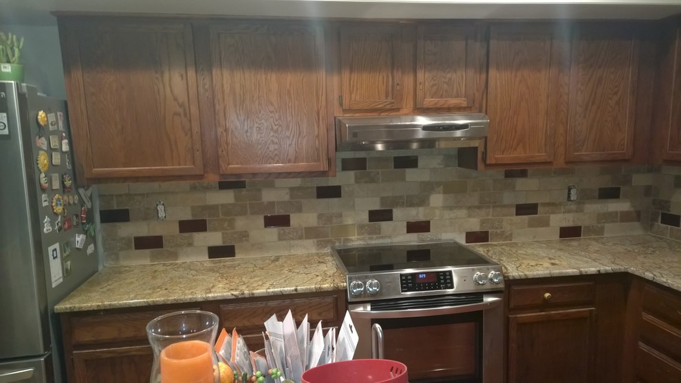 Custom Travertine Backsplash and Golden Crystal Granite Counters ...