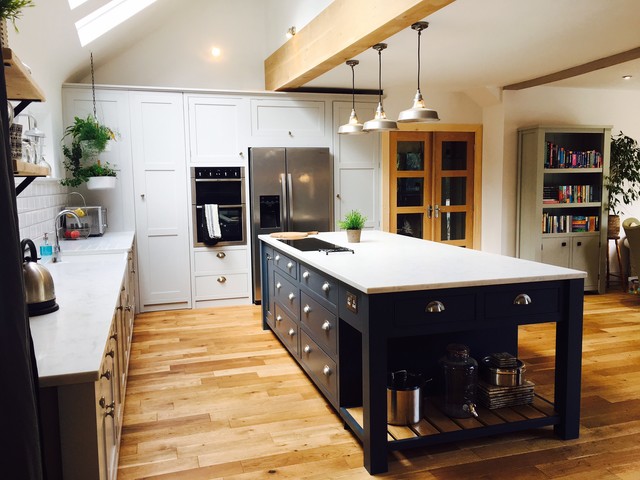 Dark blue kitchen with open plan shelves - Modern - Kitchen - Surrey ...